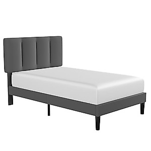 VECELO Twin Bed Frame with Upholstered Headboard, Platform Mattress Foundation with Strong Wooden Slats Support, No Boxing Spring Needed, Easy Assembly, Grey