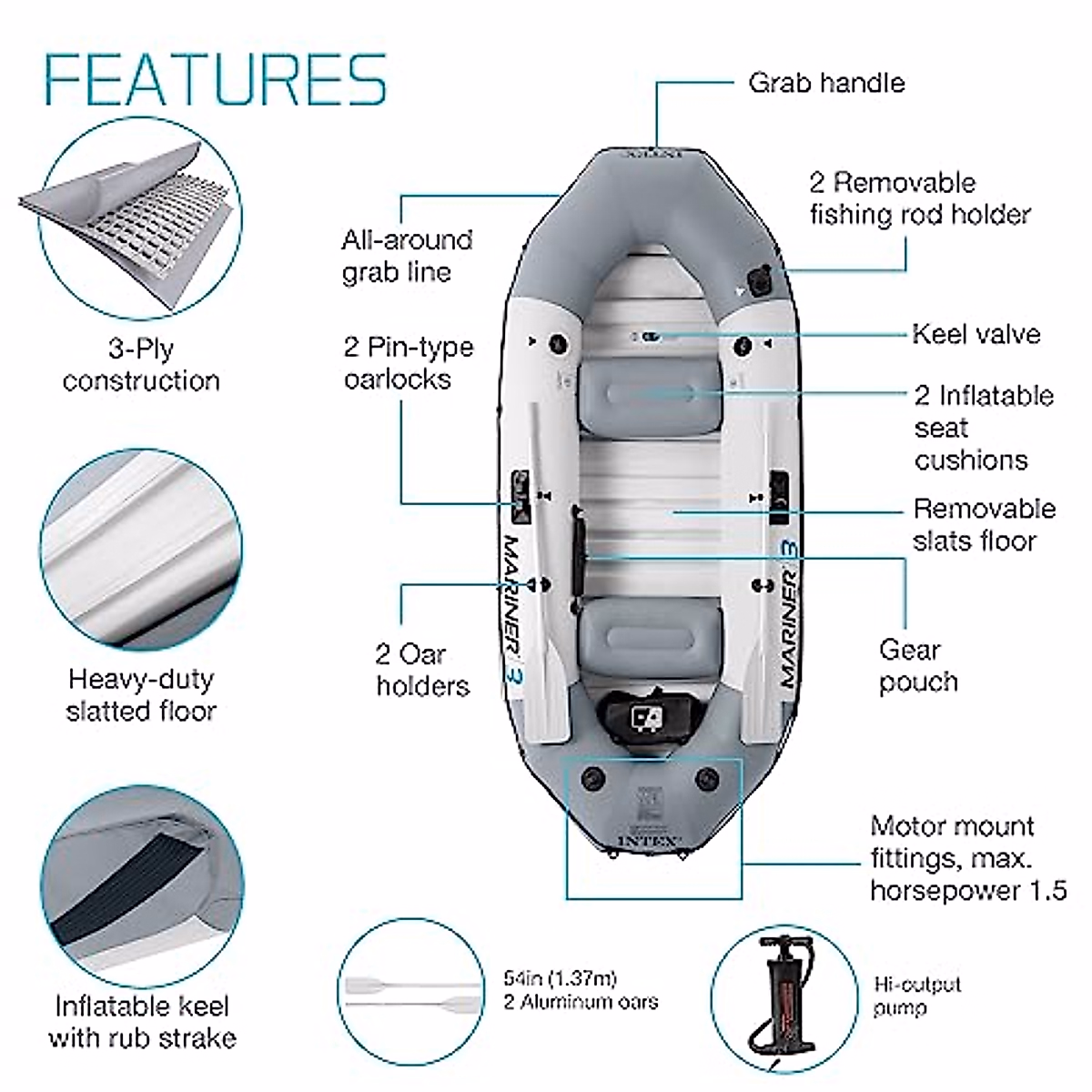 INTEX 68376EP Mariner 4 Inflatable Boat Set: Includes Deluxe 54in Aluminum Oars and High-Output Pump – SuperTough PVC – Inflatable Thwart Seats – 4-Person – 1100lb Weight Capacity