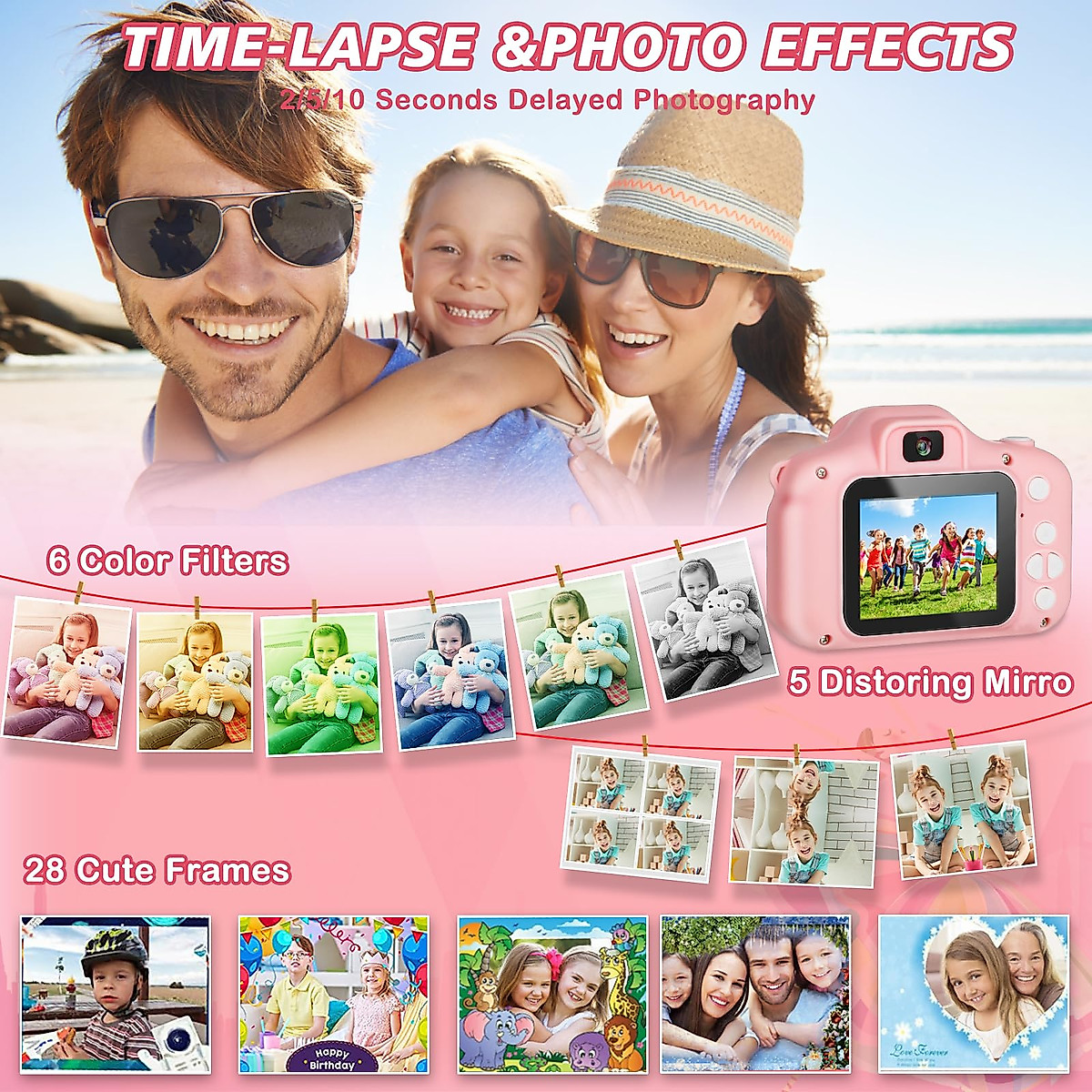Kids Camera, Camera for Kids Boys Girls, Kids Digital Camera Toys for 6 7 8 9 Year Old Girls, HD Digital Video Cameras for Toddler, Christmas Birthday Gifts for Boys with 32GB SD Card-Pink