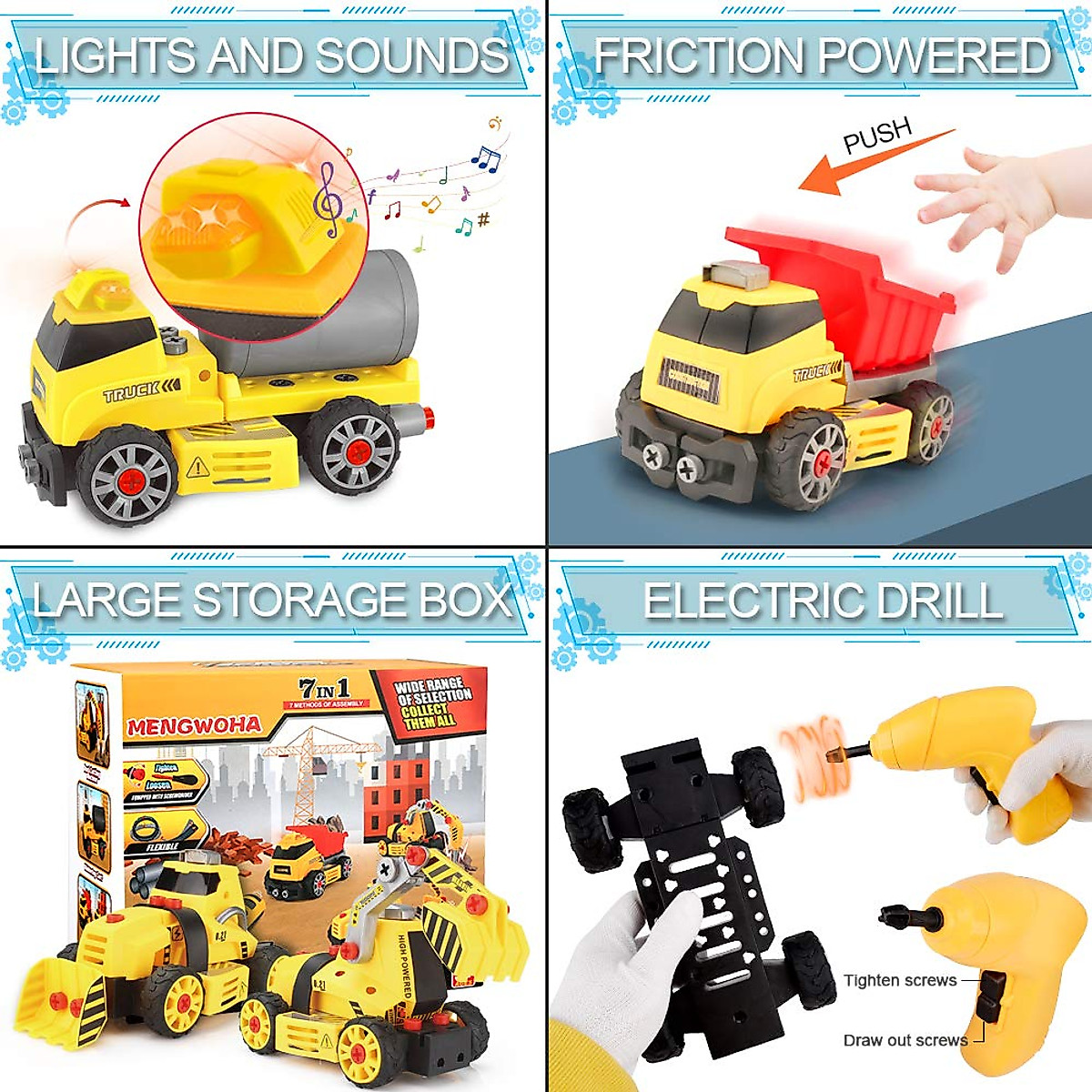 Toys for 3 4 5 6 7 8 Year Old Boy | 7 in 1 DIY Take Apart Truck Car Toys with Electric Drill | Gift for Girls and Boys Toys Age 4-6 Construction Engineering STEM Learning Building Play Set for Kids