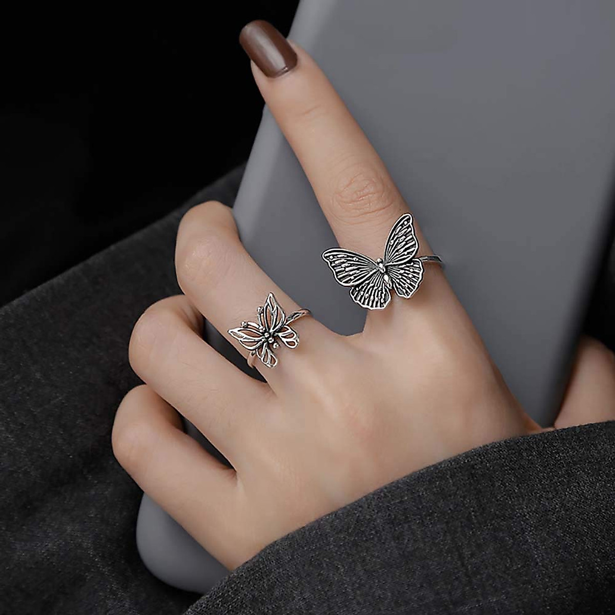 Retro butterfly opening rings for women Silver-plated rings lovely animal jewelry valentine gift adjustable size (HLMY004 style 1)