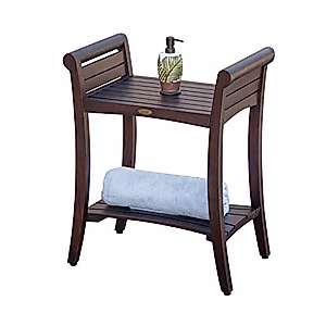 DecoTeak Symmetry Teak Shower Bench 24" Long Extended Height Wood Shower Stool with Shelf and LiftAide Arms Shower Bench in Woodland Brown Finish