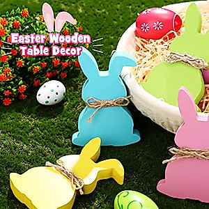 4 Pieces Easter Bunny Table Wooden Signs Spring Bunny Decor Easter Rabbits Shape Signs Farmhouse Easter Decor Easter Tiered Tray Decor with Rope for Easter Party Supplies Desk Office Home Decoration