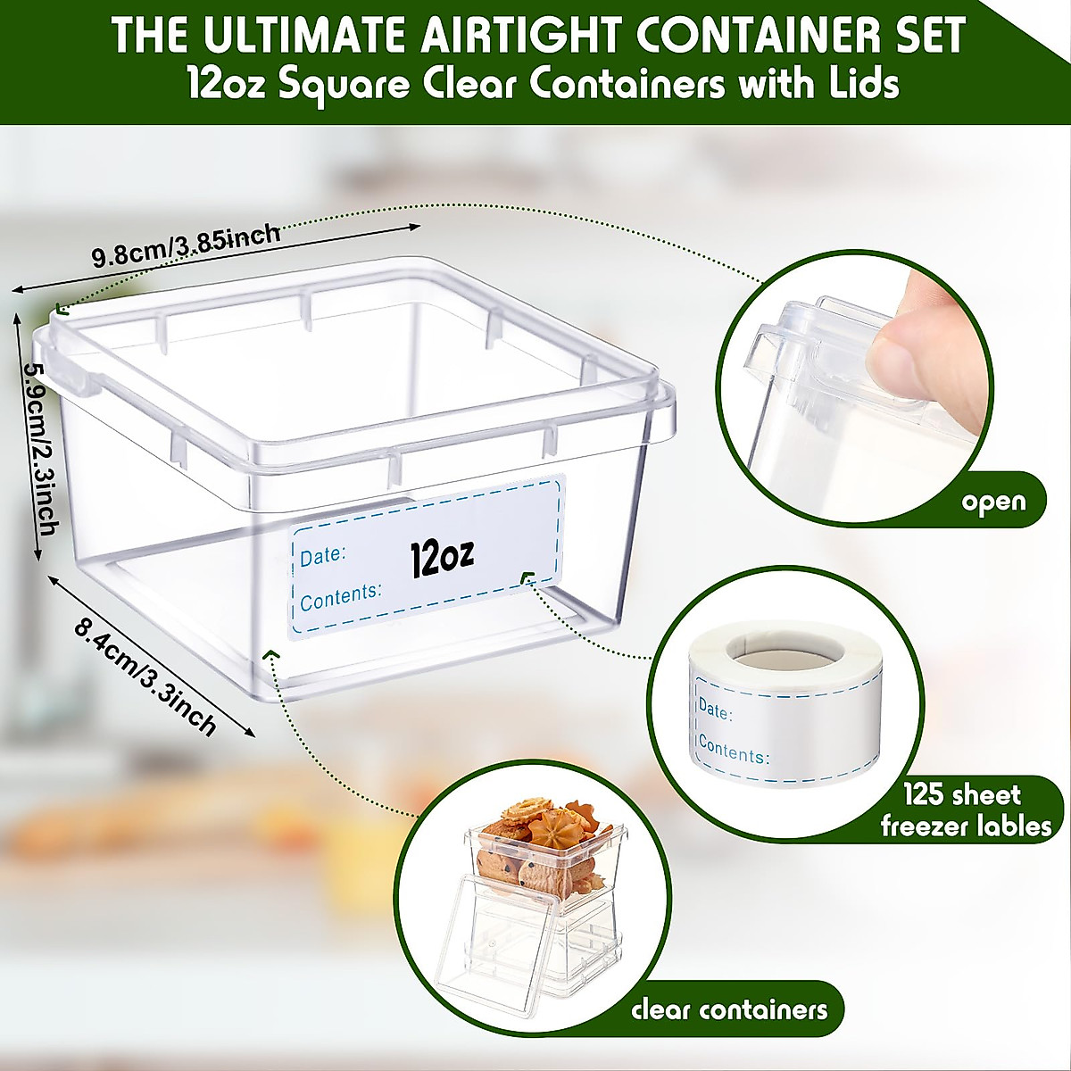 Blushtier 50 Sets 12 oz Square Deli Containers with Lids Stackable Plastic Freezer Food Storage Clear Dessert Containers with Freezer Labels for Takeout Meal Prep Storage, Microwave and Freezer Safe