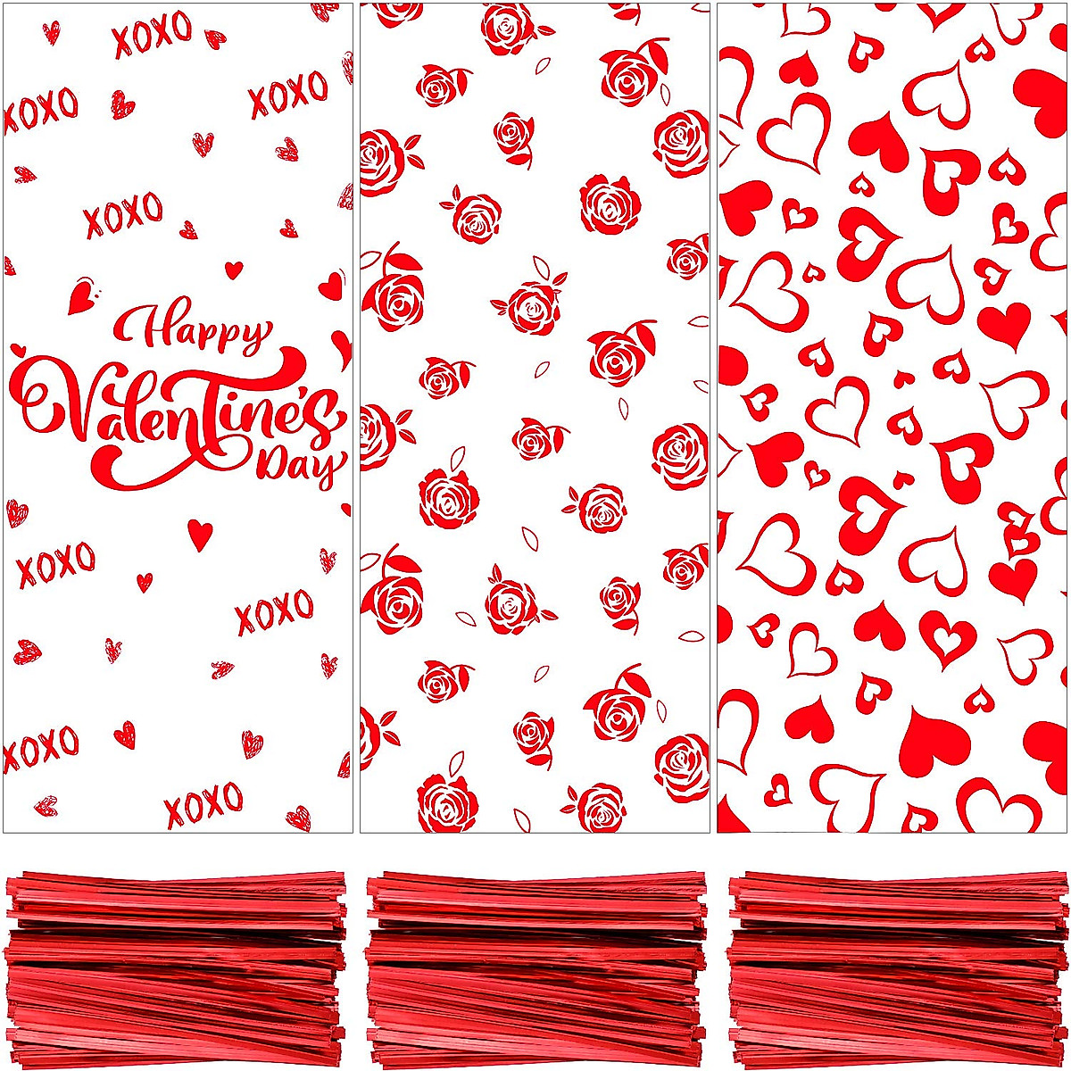 150 Pieces Valentine Cellophane Bags Treat Bags Goodies Bags Candy Bags with 150 Pieces Twist Ties for Valentine's Day Party Favor Supplies (Rose, Heart and Happy Valentine's Day Design)