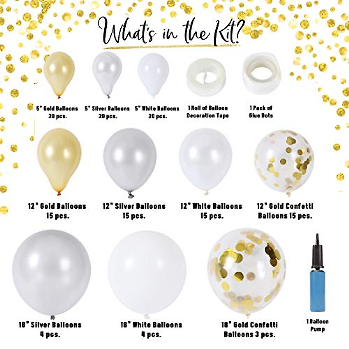 Balloon Garland Kit, (134 pcs) Balloon Arch Kit Silver, Gold and White, Baby Shower Party Balloons Balloon Tape, Balloon Arch Strip for Wedding, Graduation Gender Reveal, Balloons Party Decorations