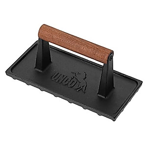 UNCO- Cast Iron Grill Press, 8.5 x 4.1 Inch, 2.6 lbs, Burger Press for Griddle, Sandwich Press, Bacon Press for Griddle, Griddle Press, Meat Press Cast Iron, Hamburger Press for Griddle