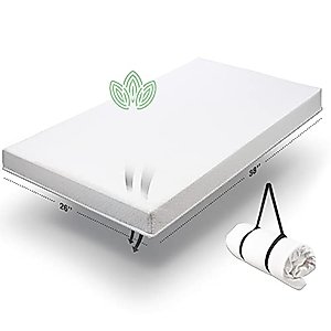 Organic Cotton Pack n Play Topper | CertiPUR-US Baby Mattress Pad for Portable Toddler Bed & Playard w/Washable Waterproof Cover, Soft Ventilated Foam Padding, Nonslip Bottom, Travel Strap | 26x38x2”