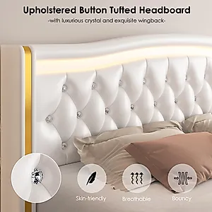 HIFIT King Smart LED Platform Bed Frame with 4 Storage Drawers, Crystal Button-Tufted & Stainless Gold Trim Wingback Headboard, Modern PU Upholstered White Bed Frame No Box Spring Needed/Easy Assembly