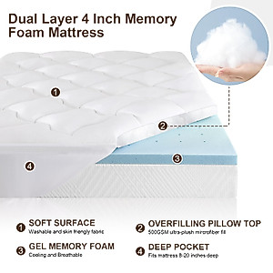 MUUEGM Dual Layer 4 Inch Memory Foam Mattress Topper Queen Size,2 Inch Gel Memory Foam Plus 2 Inch Cooling Pillow Top Cover with 8-21 Inch Deep Pocket,Mattress Pad for Back Pain,White