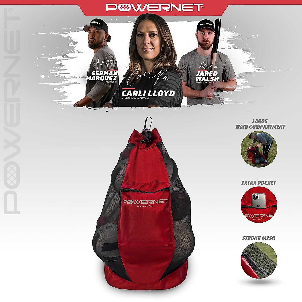 PowerNet Mesh Bag Ball Storage for Soccer, Football & Volleyball, Ball Bag with Exterior Valuables Pocket, Training Equipment Storage Ideal for Teams and Coaches