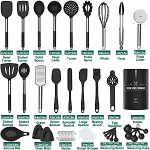 Silicone Kitchen Cooking Utensils Set-Umite Chef 43 pcs Heat Resistant Kitchen Utensils, Black Kitchen Gadgets Tools Set with Stainless Steel Handles for Non-Stick Cookware