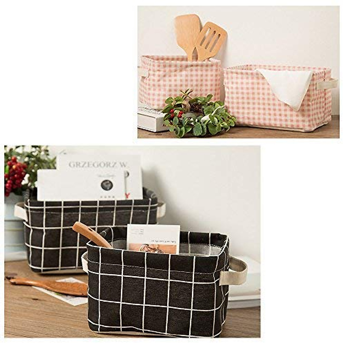 MinoMia 4 Pack Canvas Storage Basket Bins, Home Decor Organizers Bag for Adult Makeup, Baby Toys liners, Books (stripe & check)