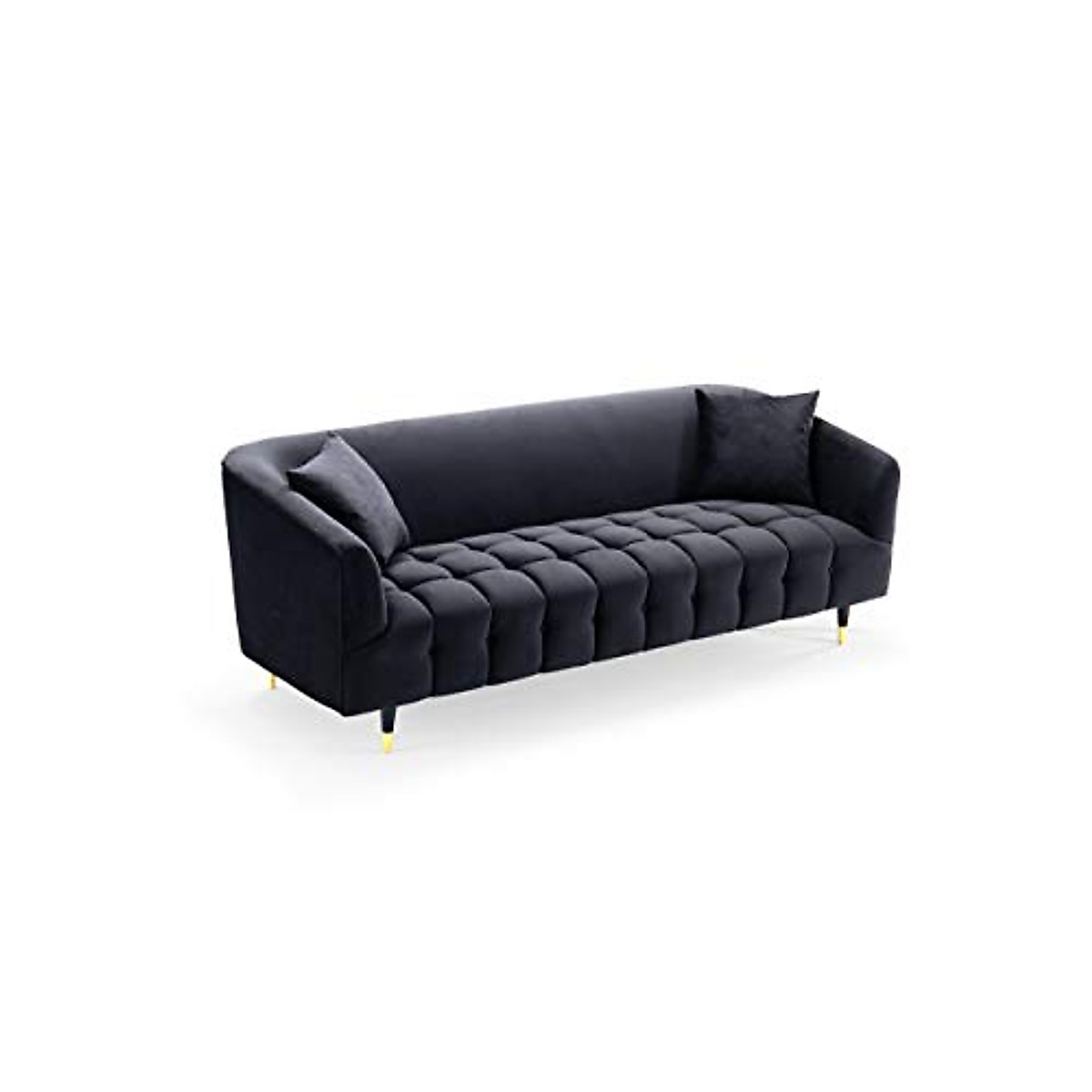 Iconic Home Julia Sofa Velvet Upholstered Channel-Quilted Button Tufted Cushion Shelter Arm Design Espresso Finish Gold Tip Wood Legs Modern Contemporary, Black