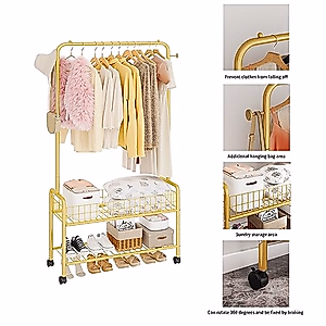 JIUYOTREE Rolling Clothes Rack with Storage Basket 35.4 Inches Freestanding Metal Clothing Rack with 2-Tier Storage Racks Garment Coat Rack with Wheels for Clothes Shoes Hats Bags Golden