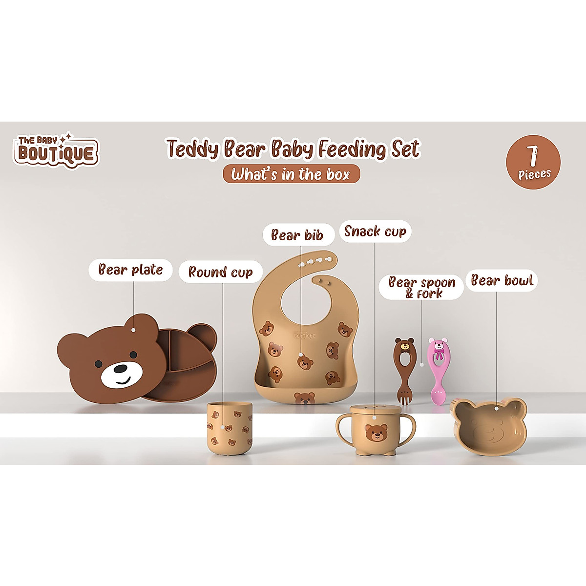 THE BABY BOUTIQUE Baby Led Weaning Supplies - 7 PCS Teddy Bear Silicone Baby Feeding Set : Suction bowl, Baby utensils, Plate, Bib, Snack cup and Drinking cup - Perfect Complement for Nutribullet Baby
