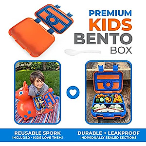 kinsho Bento Lunch Box for Kids Toddlers Boys, 5 Portion Sections Secure Lid, Microwave Safe BPA Free Removable Tray, Pre-School Kid Daycare Lunches Snack Container Ages 3 to 5, Blue Orange