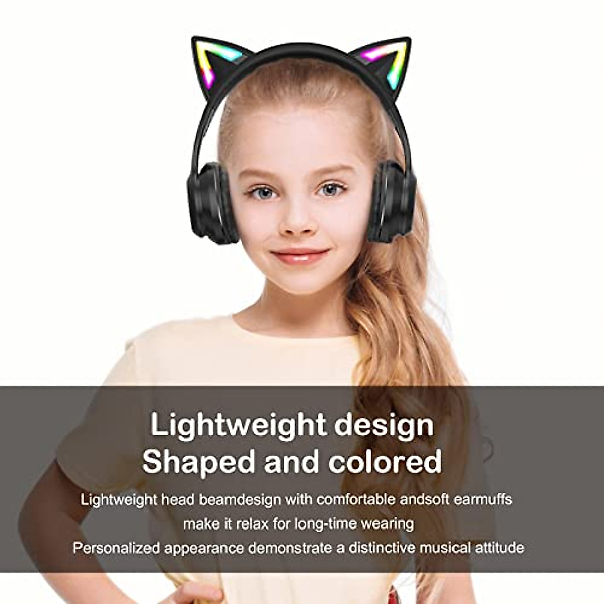 SIMGAL Bluetooth Cat Ear Headphones for Kids, Wireless & Wired Mode Foldable Headset with Mic, RGB LED Light, for Girls School Gaming, Compatible with Mobile Phones PC Tablet