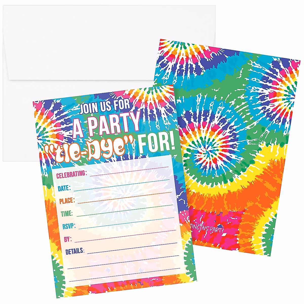 DISTINCTIVS Tie Dye Birthday Party Invitations - Peace, Love, Party - 10 Fill In Invite Cards with Envelopes - Kid, Tween or Teen 60s Groovy Themed Party Supplies