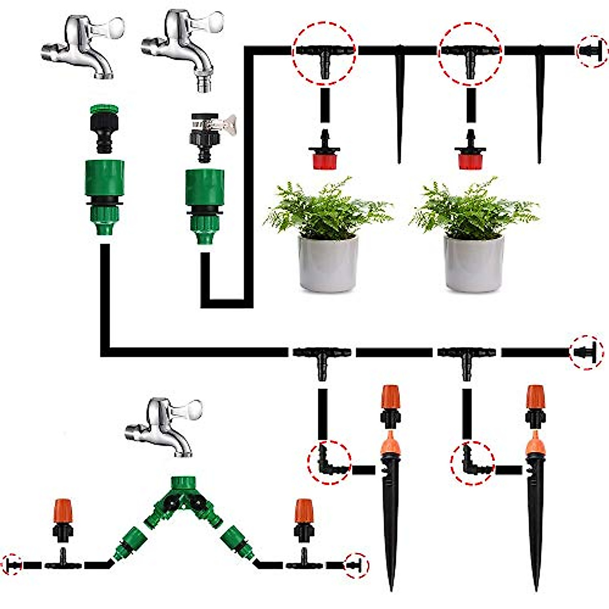 Kalolary 200PCS Irrigation Fittings Kit, Drip Irrigation Barbed Connectors for 1/4-Inch Vegetable Garden Lawn Water Hose Connectors(80 Straight Barbs+60 Tees+20 Elbows+20 End Plug+20 4-Way Coupling)