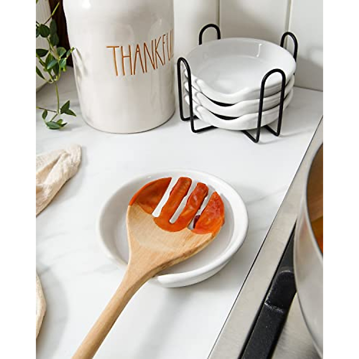 LE TAUCI Ceramic Spoon Rest with Holder, 4.8 Inches Spoon Holder for Stove Top, Coffee Spoon Rest, Housewarming Gifts for New House, House Warming Gifts, Set of 4, White