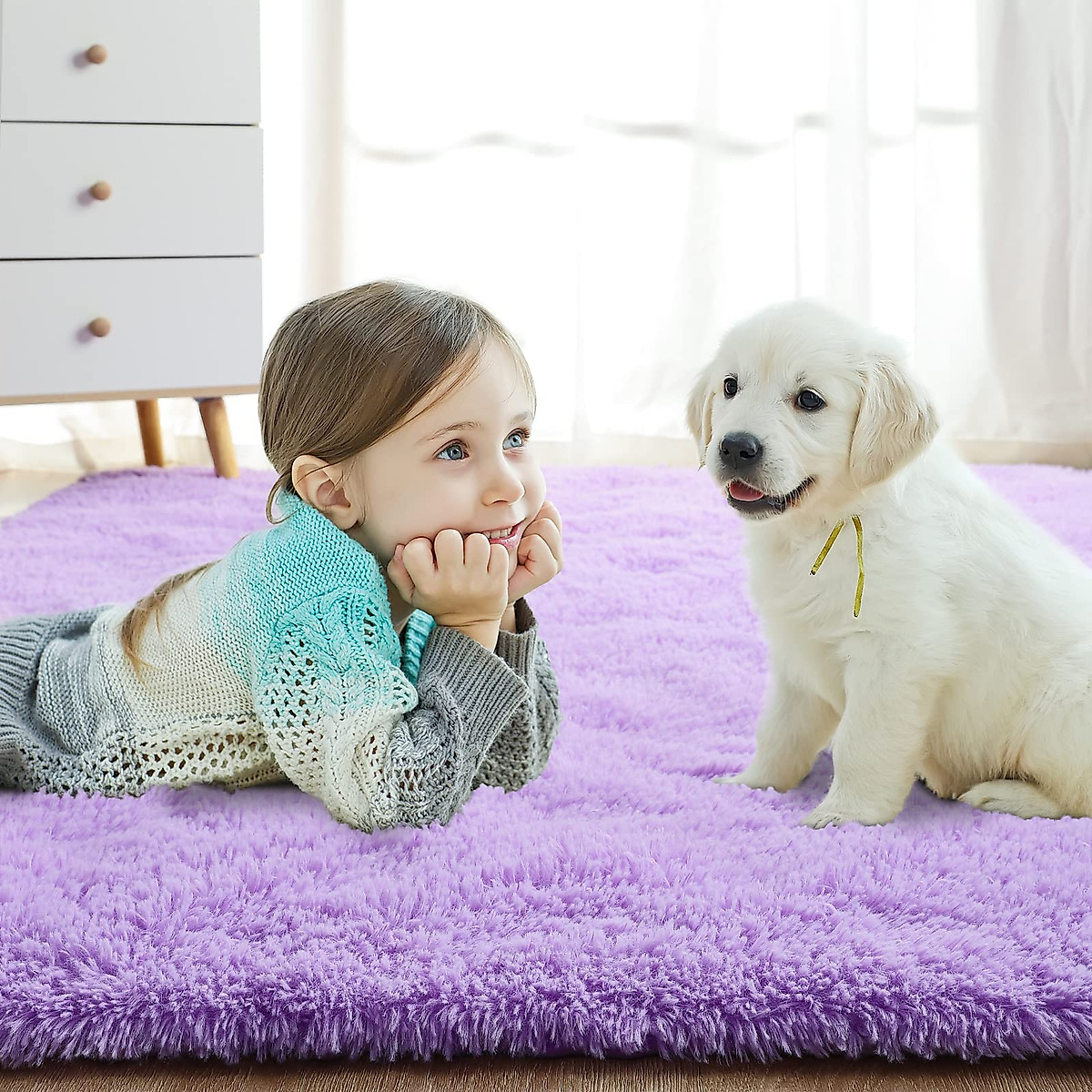 Softlife Ultra Soft Fluffy Area Rugs for Bedroom, Girls and Boys Room Kids Room Nursery Rug, 4 x 5.3 Feet Shaggy Fur Indoor Plush Modern Floor Carpet for Living Room Christmas Decor, Purple