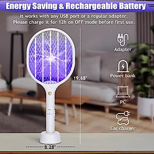 2 Pack Electric Fly Swatter Racket 3000V Bug Zapper 2 in 1 Mosquito Zapper USB Rechargeable, 1200mAh Mosquitoes Killer Lamp & Fly Zapper with 3 Layer Safety Mesh for Home