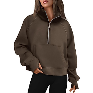 AUTOMET Womens Sweatshirts Half Zip Cropped Pullover Fleece Quarter Zipper Hoodies 2024 Fall Fashion Outfits Clothes Thumb Hole Coffee