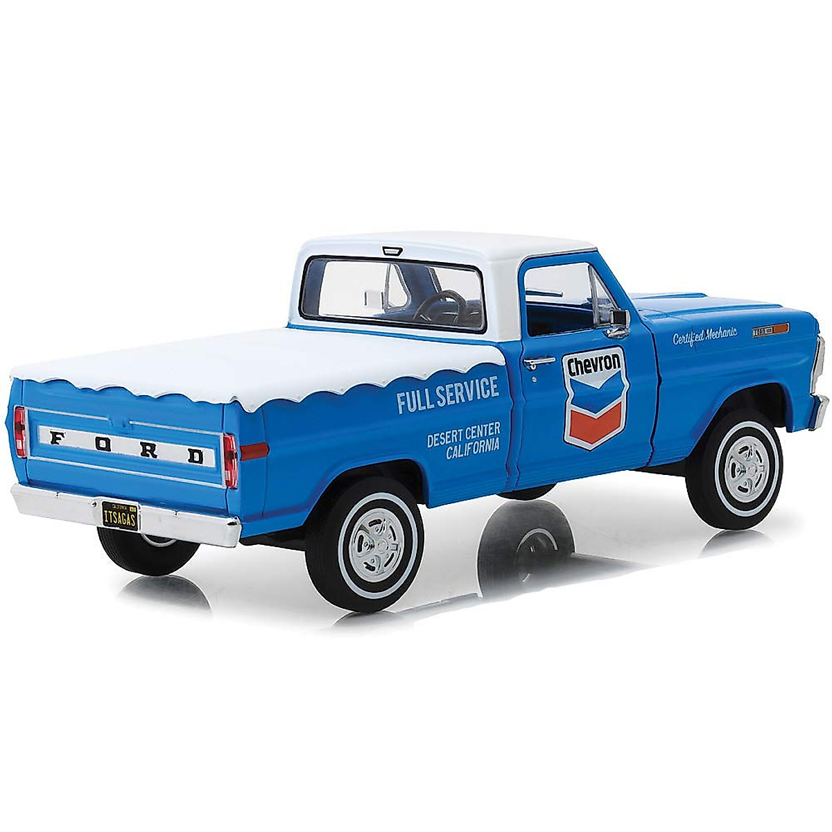 Greenlight 1967 Ford F-100 with Bed Cover Chevron Full Service Blue with White Top Running on Empty Series 1/24 Diecast Model Car