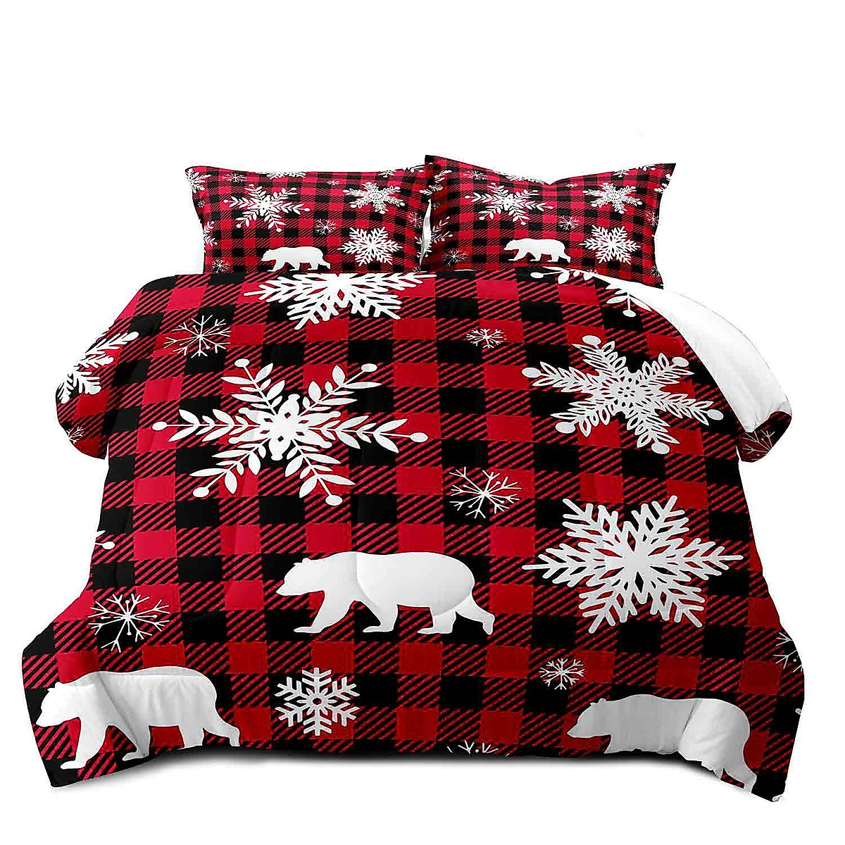 LUVIVIHOME 3PCS Christmas Bear Comforter Set Queen Size, White Snowflake Red Black Plaid Xmas Holiday Cabin Christmas Bedding for Kids Girls Boys, Christmas Bedroom Decor, 2 Pillow Shams