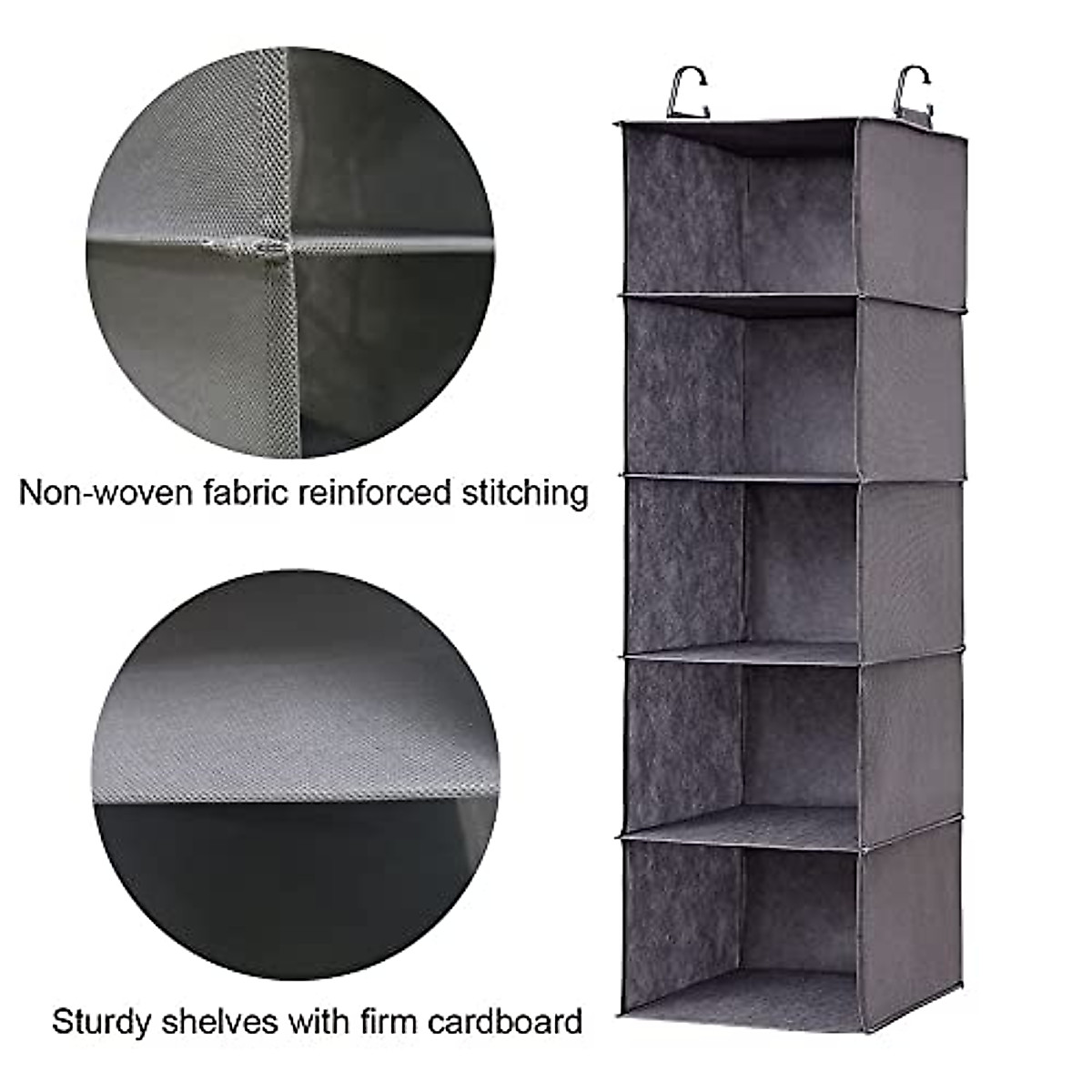 ROYFACC Hanging Closet Organizer 5-Shelf Collapsible Hanging Closet Shelves Hanging Storage Organizer for Closet with 2 Metal Hooks, 2 Pack (Grey, 5 Shelves)