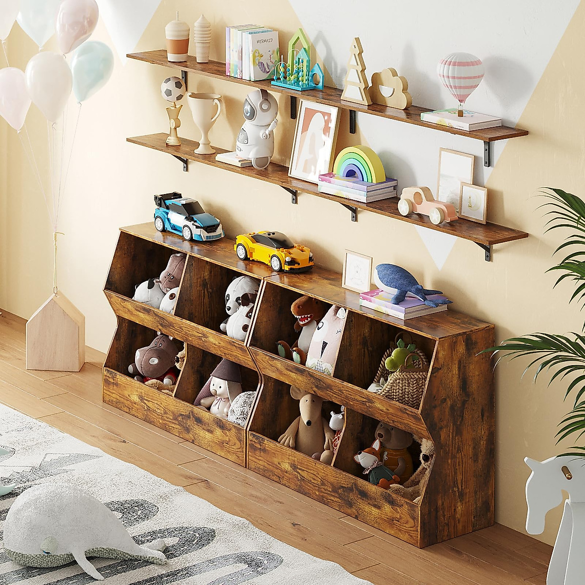 DINZI LVJ Kids Bookshelf, Toy Storage Organizer, Wooden Toy Storage Cabinet, 4 Cubby Children Bookcase, Toddler Book Toy Shelf for Bedroom, Nursery, Hallway, School, 31.5" Long, Rustic Brown