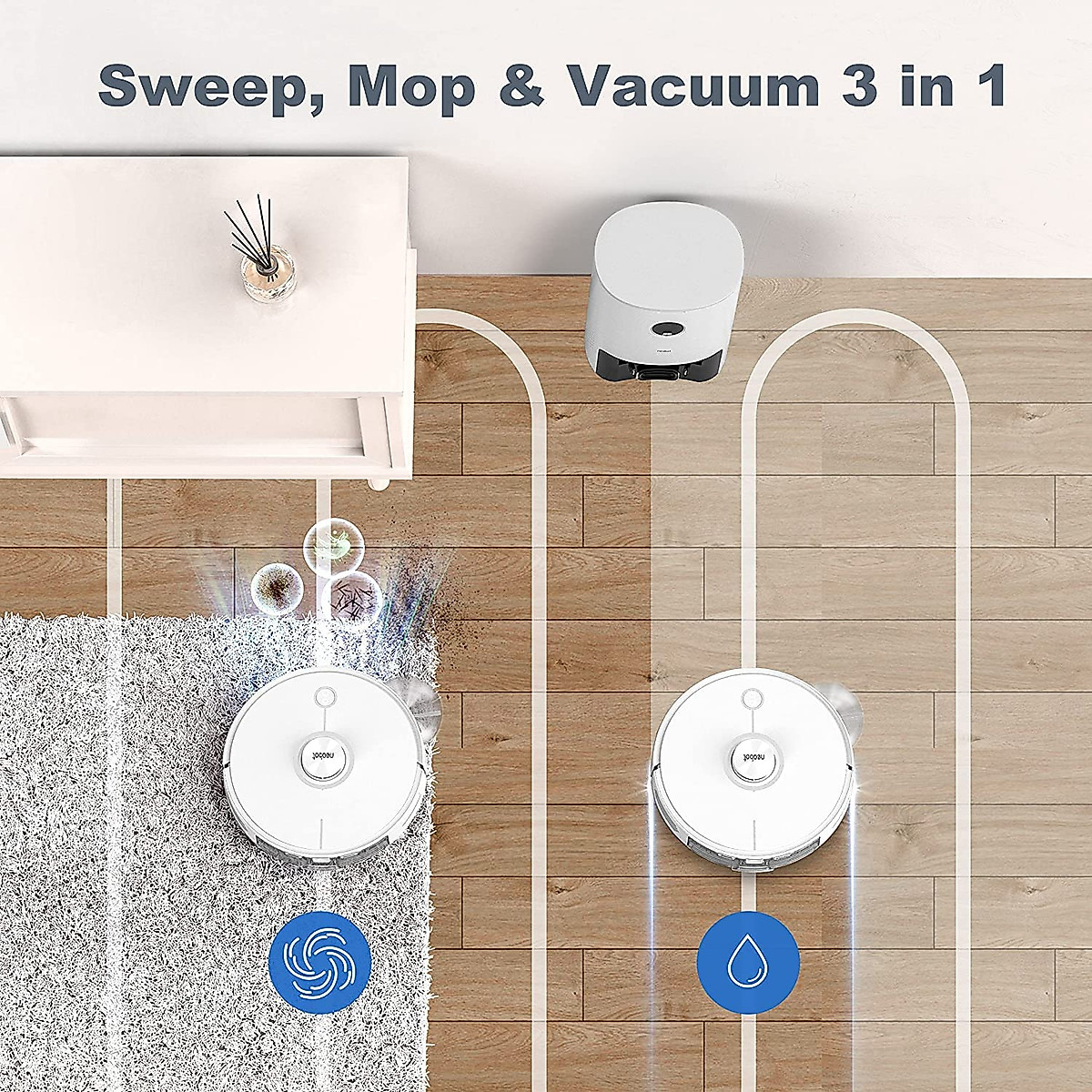 N2 Robot Vacuum with Self-Emptying, Wi-Fi Connected, Compatible with Alexa, Lidar Navigation, Sweep, Mop & Vacuum 3 in 1 Robot Vacuum Cleaner, Carpet & Hard Floor, Ideal for Pet Hair, Carpets White3