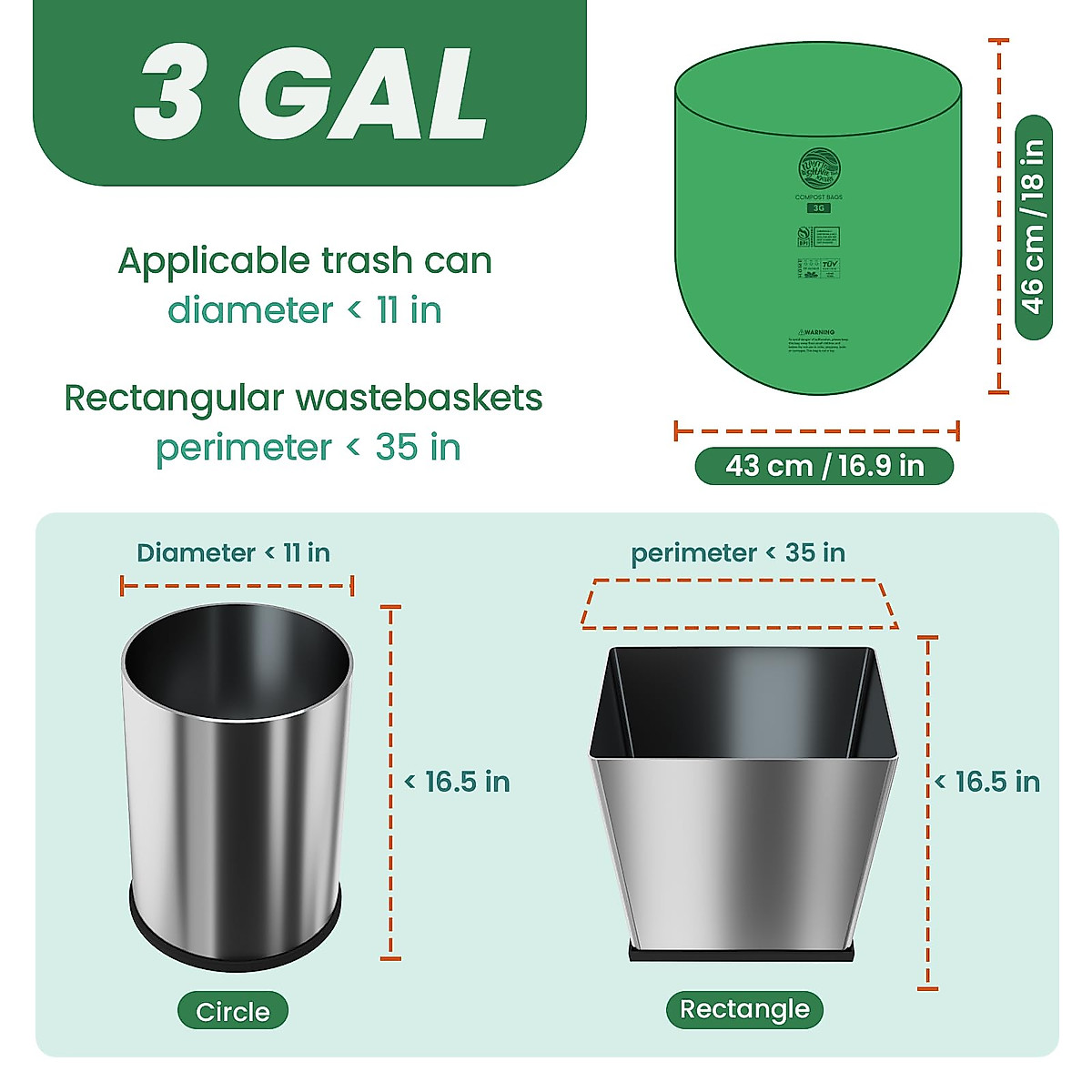 Compost Bags 3 Gallon,100 Count,Compost Food Scrap Waste Bags Fits Countertop Bin,Small Kitchen Food Scrap Waste Bags,Compost bin bags,Certified by BPI,ASTM D6400 and OK compost HOME certified