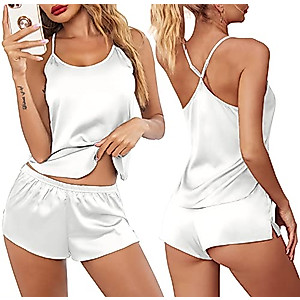 Ekouaer Womens Pajama Sets Lingerie Satin Sleepwear Cami Shorts Set 2 Piece Silk Pjs Nightwear Gift White
