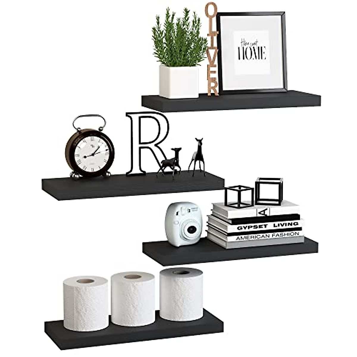 DOLLFIO Floating Shelves, 4 Sets Wall Shelves, Wooden Floating Shelves for Wall Décor, Wall Mounted Floating Shelf for Bathroom Storage, Floating Book Shelves for Wall, Bedroom, Living Room–Black