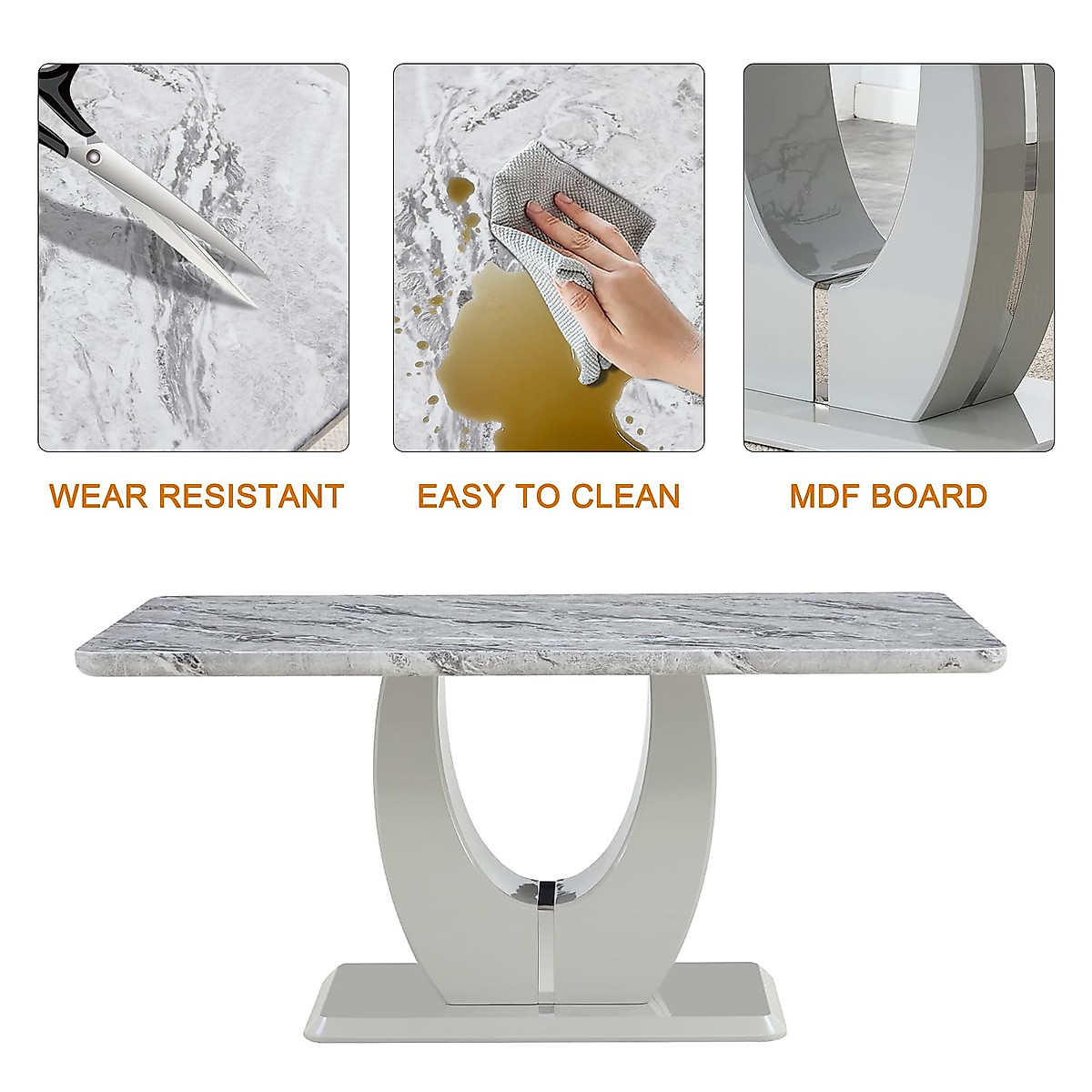 hohoedc 63" Morden Faux Marble Dining Room Table Set,Big Kitchen Dining Table for 6-8 with MDF Base,7 Piece Rectangle Dining Table Set &6 Pu Leather Golden Leg Chairs