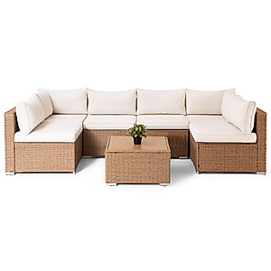 LAUSAINT HOME Outdoor Patio Furniture, 7 Piece Patio Furniture Set PE Rattan Sectional Conversation Sets with Thick Cushions & Wood-Like Coffee Table for Garden, Porch(Beige/Brown Wicker)