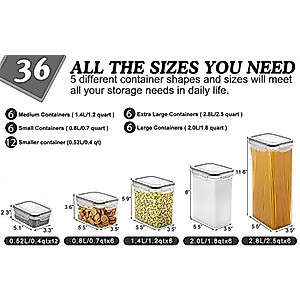 VERONES Cereal Storage Container Set, 36pcs Airtight Food Storage Containers, BPA Free Kitchen Pantry Organization for Flour, Sugar, Cereal Plastic Canisters with Black Locking Lids