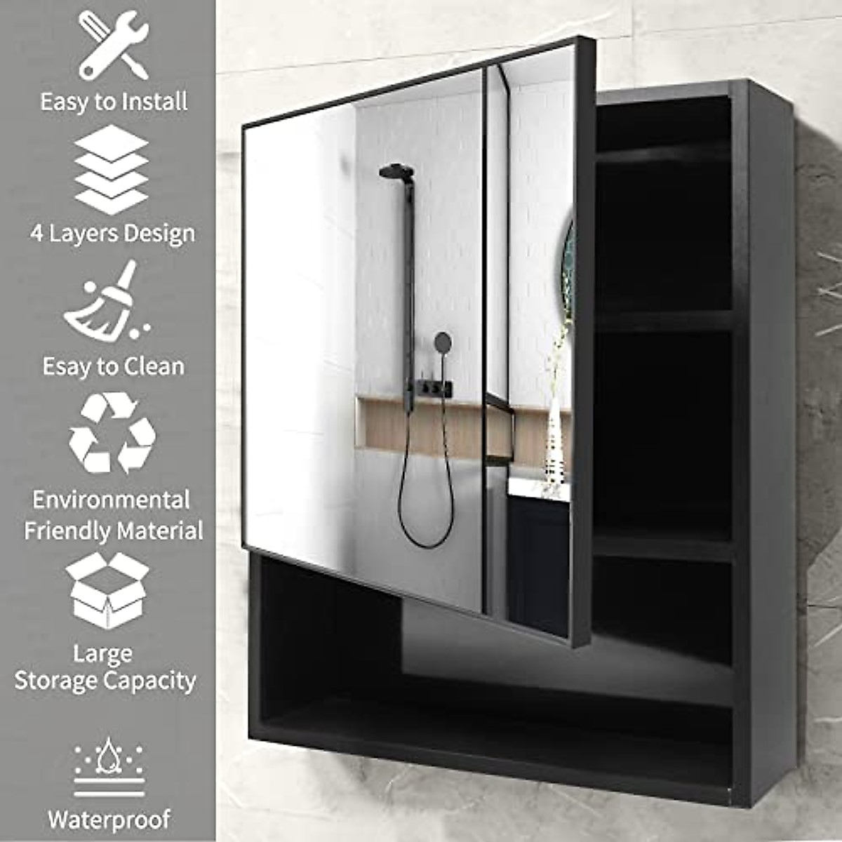 YEPOTUE Black Mirrored Medicine Cabinet 23.6" x19.6 Bathroom Wall Mounted Space Aluminum Storage, Water, and Rust Resistant, Surface Mount…