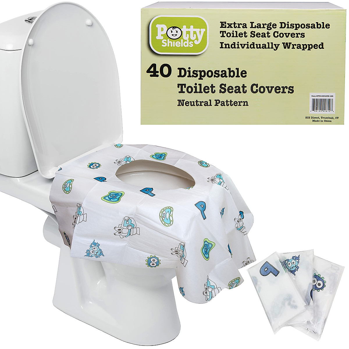 Potty Shields Toilet Seat Covers Disposable (40 Pack) - XL Waterproof Toilet Cover for Toddlers, Kids & Adults - Portable & Individually Wrapped for Travel, Potty Training, Vacations, Public Restrooms