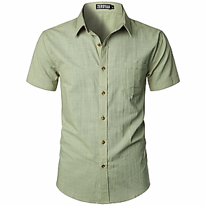 ZEROYAA Men's Fitted Cotton Linen Casual Short Sleeve Button Up Shirts Lightweight Beach Tops with Pocket ZLSC34-Bean Green Medium