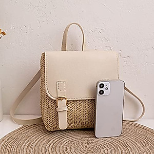 Women's Straw Woven PU Leather Backpack Bobo Beach Backpack Elegant Small Backpack Holiday Daypack Shopping Dating Bag