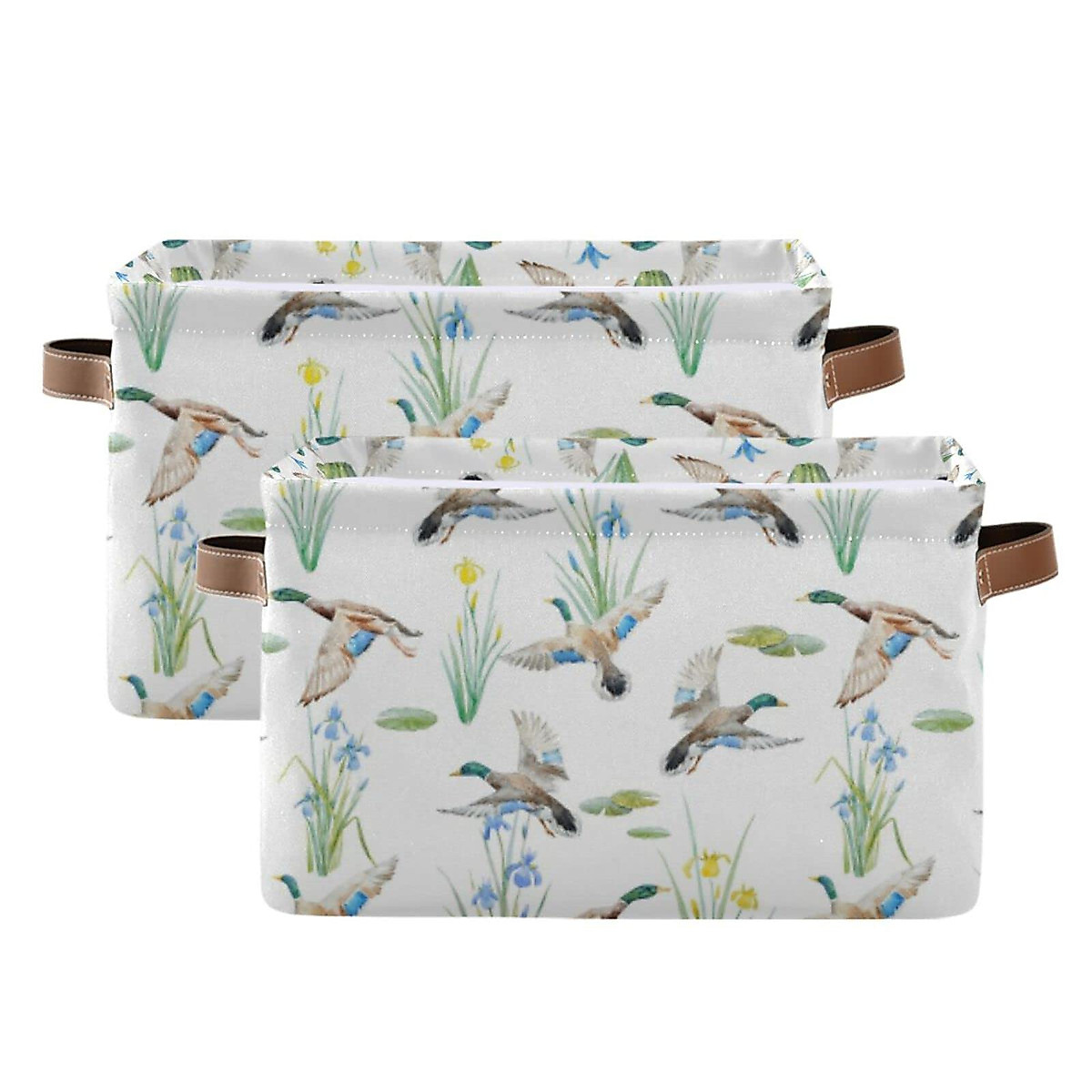Oyihfvs Flying Mallard Ducks Yellow Blue Iris Lotus with Leaves on White 1 PC Rectangle Storage Basket Collapsible Fabric with Leather Handles Bag Organizer Clothes for Home Bedroom 15 x 11 x 9.5 in