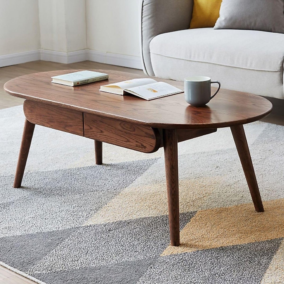 Vadisun Modern 100% FAS Oak Coffee Table - Unique Coffee Table & Space-Saving Wooden Coffee Table Easy Assembly (Walnut color with drawers)