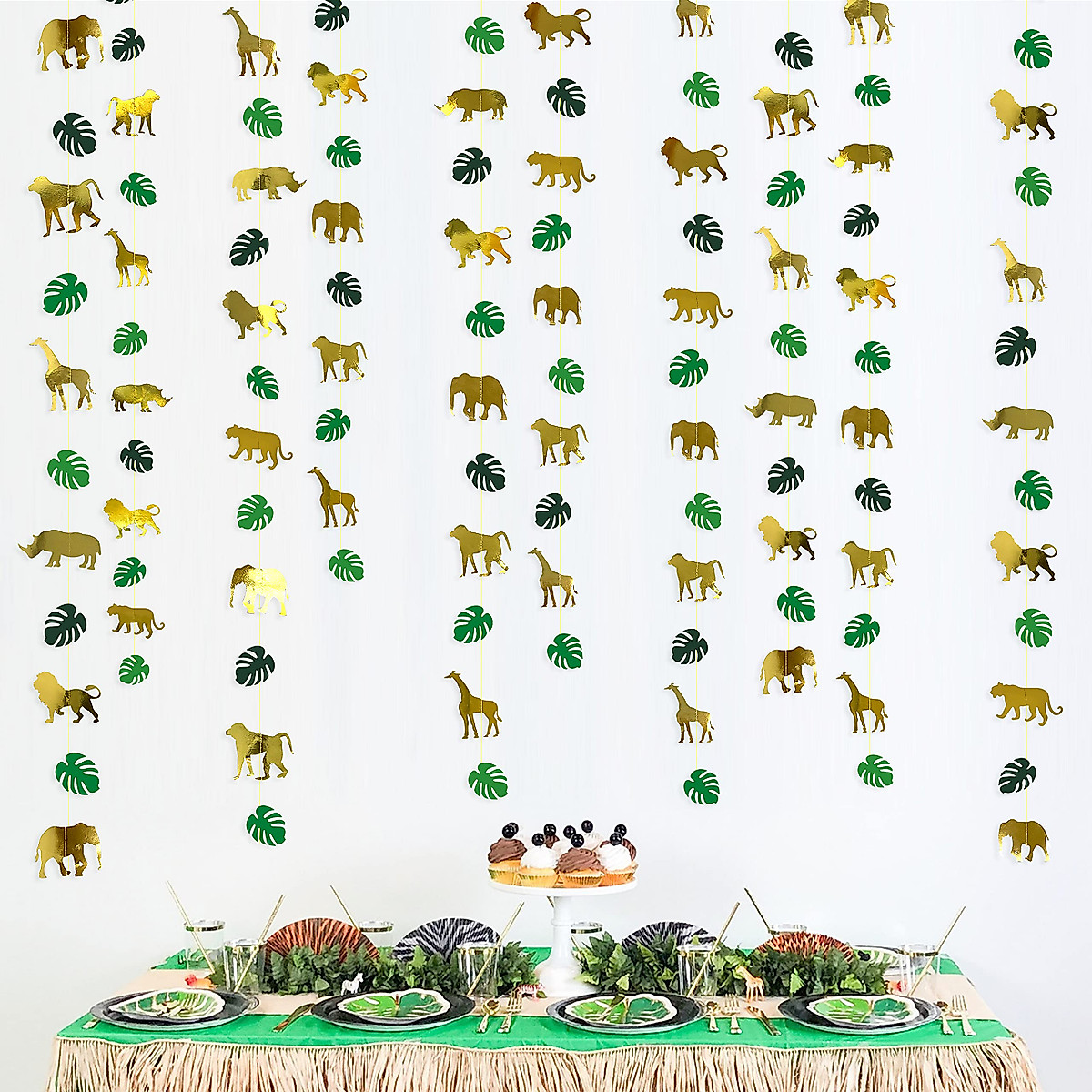 52Ft Gold Animal Green Palm Leaf Garland Banner Bunting Streamers Backdrop for Jungle Safari Animal Party Decorations Zoo Themed Wild One Forest 1st Birthday Boys Baby Shower Party Supplies