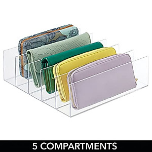 mDesign Plastic Purse Organizer for Bedroom Closet, Shelf Storage - Holds Woman's Purse, Hanging Bag, Zipper Handbag, Tote, Perfect for Space Saving - 5 Sections - Lumiere Collection - Clear