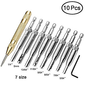 AFUNTA 8 pcs Center Drill Bit Sets with Automatic Center Punch, Self Centering Hinge Tapper Core Hole Puncher Woodworking Tools for Cabinet Door 5/64'' 7/64'' 9/64'' 11/64'' 13/64'' 5mm 1/4''