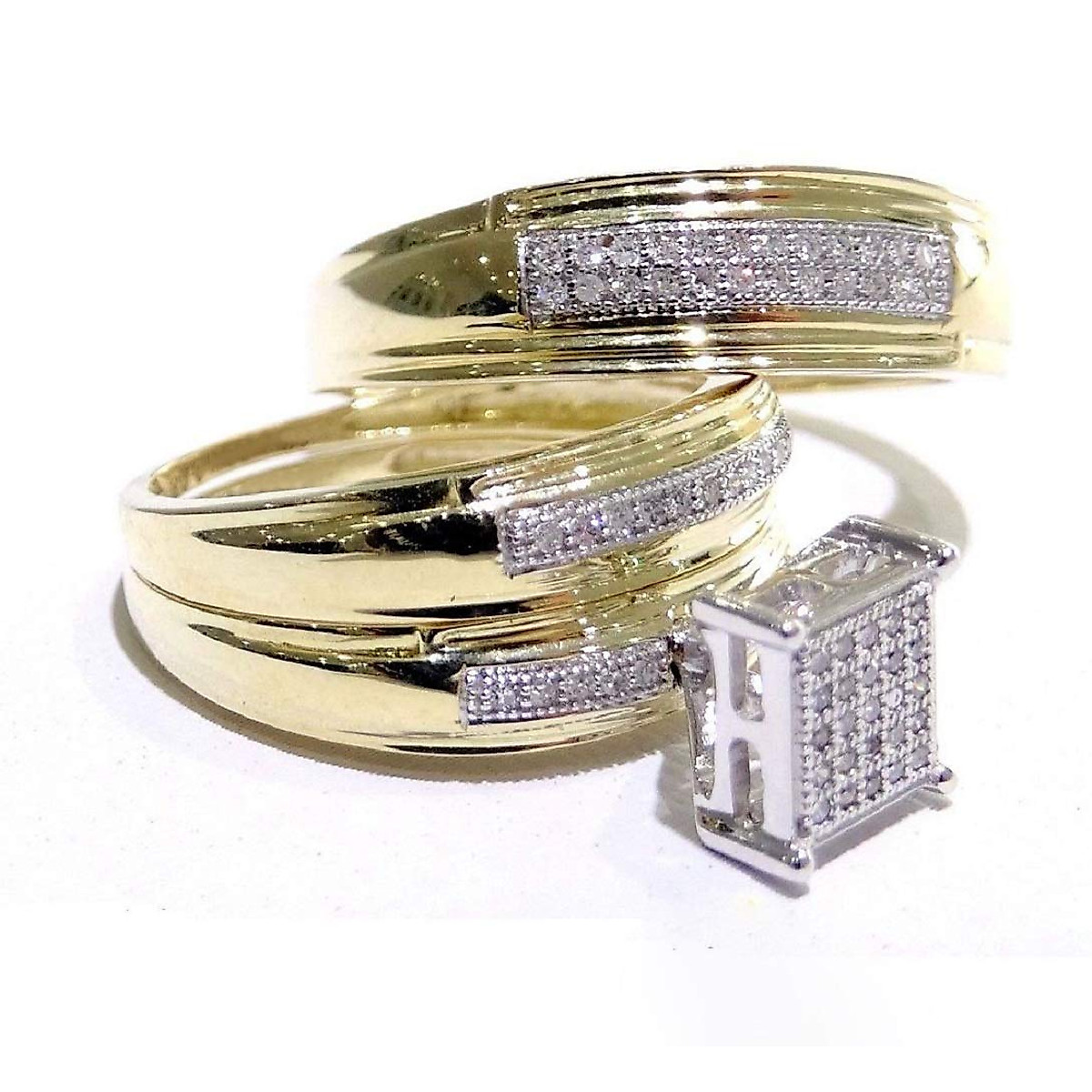 Rosie Collection Round Cut D/VVS 1 Diamond Men's Women's Matching Wedding Ring Set 14K Gold Over His Her Trio Ring Set Women's Size 10 & Men's Size 10