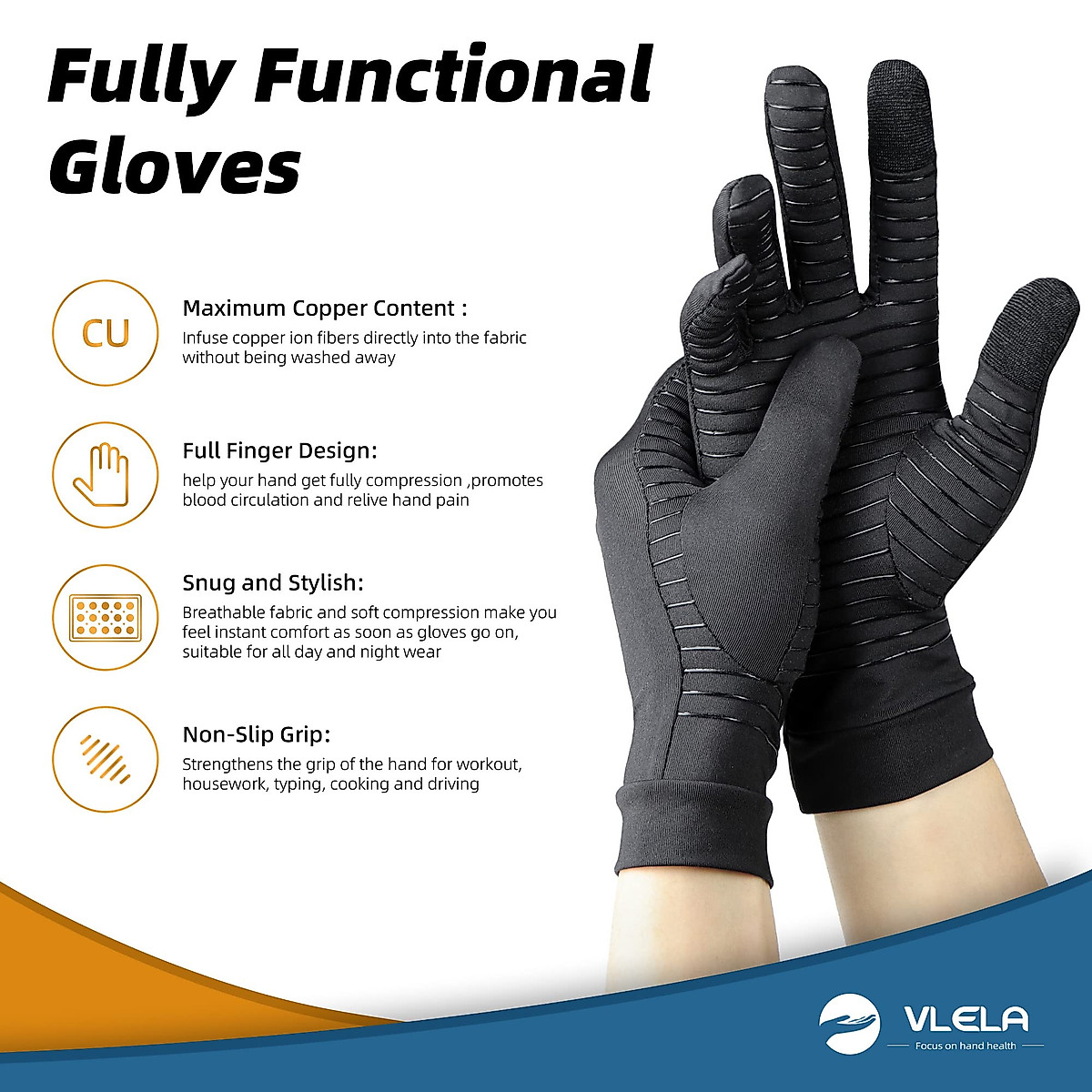 Vlela Arthritis Gloves Full Finger Copper Compression Gloves For Carpal Tunnel, Hand Pain,Fit for Men Women